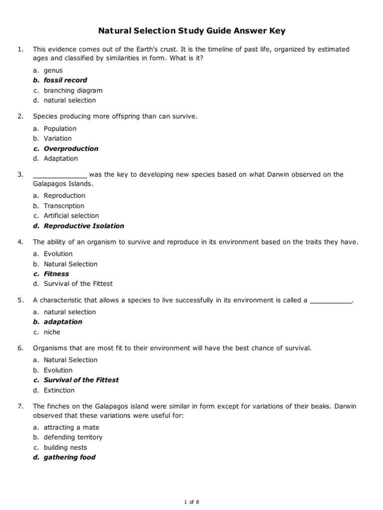 Natural Selection Study Guide Key | PDF