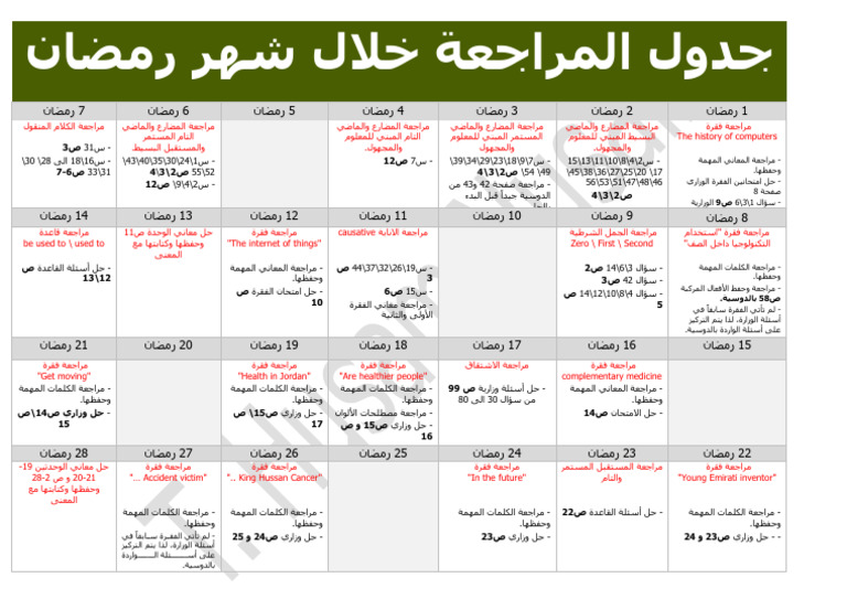 جدول المراجعة خلال شهر رمضان | PDF