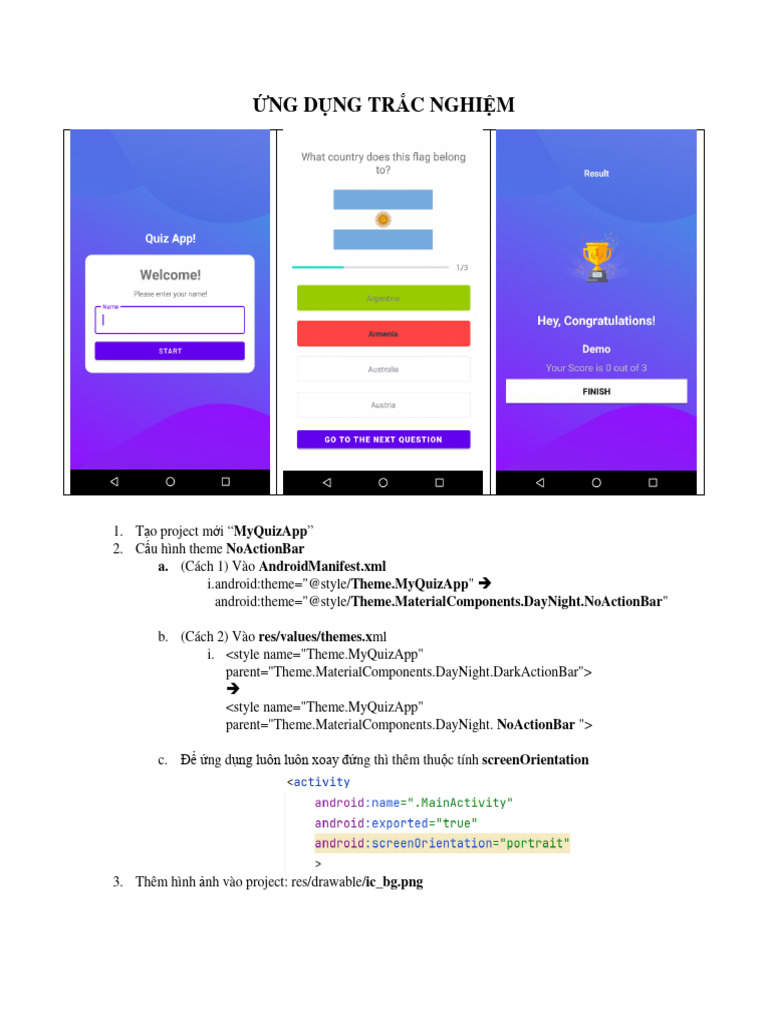 HƯỚNG DẪN THỰC HÀNH QUIZ APP KOTLIN | PDF HƯỚNG DẪN THỰC HÀNH QUIZ APP KOTLIN | PDF