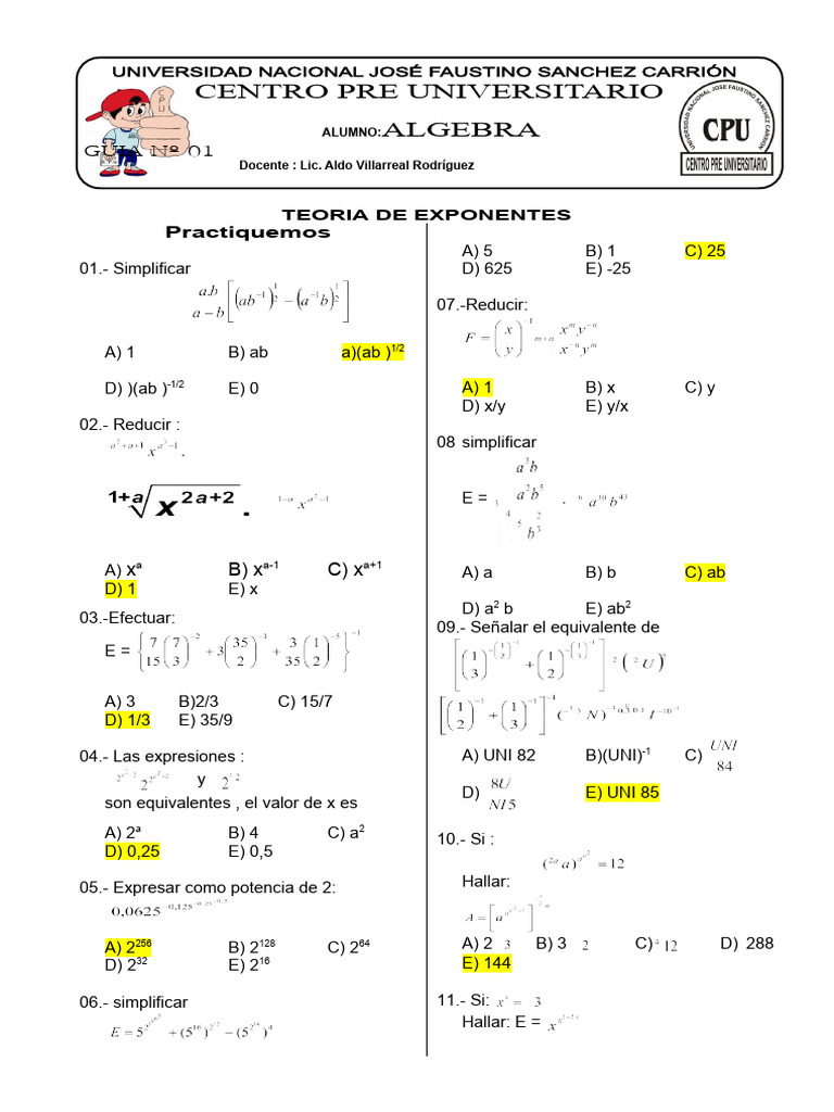 Guía de Teoría de Exponentes en Álgebra | PDF
