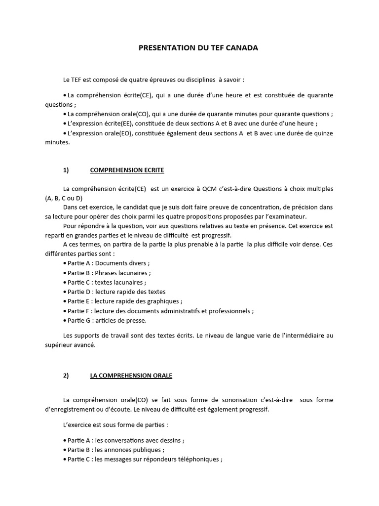 Presentation Du Tef Canada | PDF | Études des langues étrangères