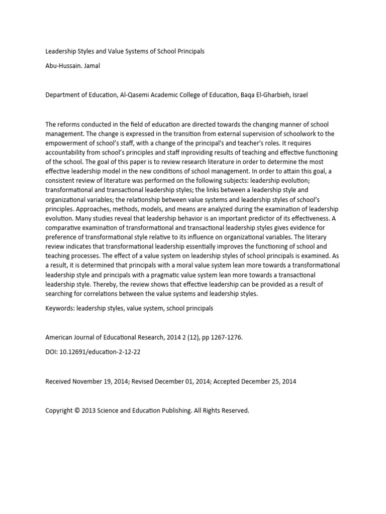 Leadership Styles and Value Systems of School Principals | PDF