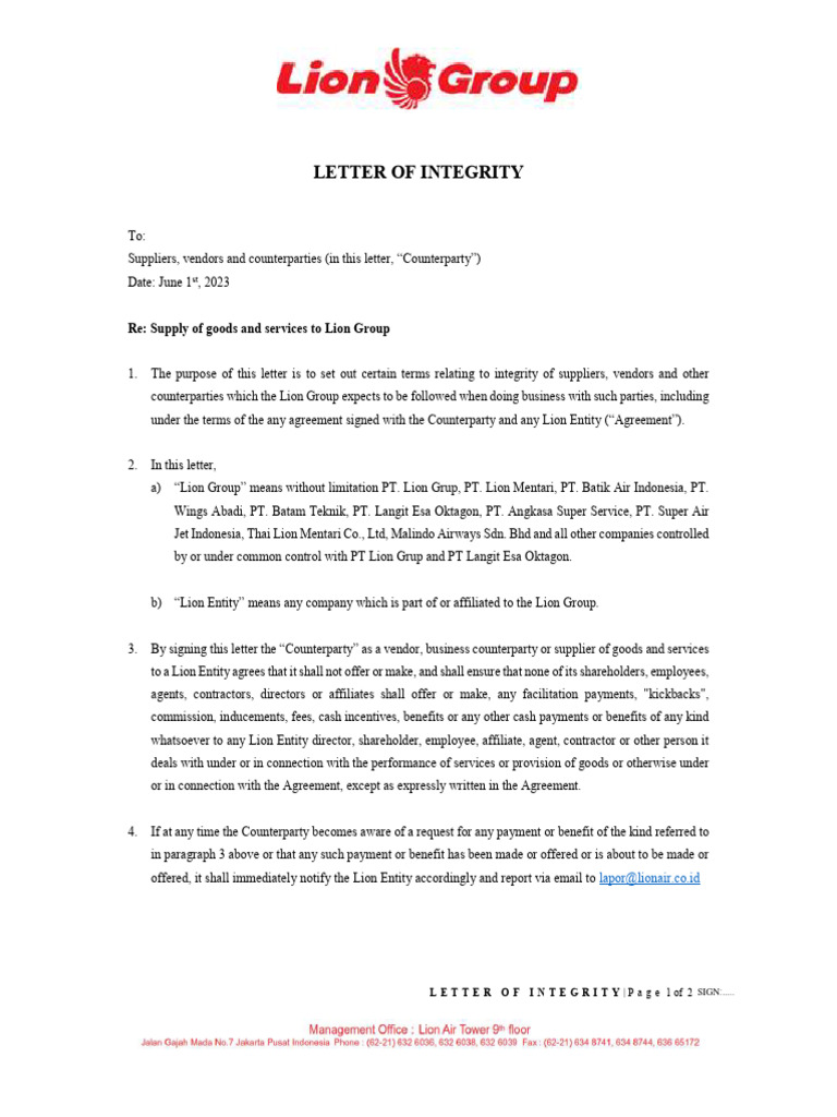 Letter of Integrity | PDF