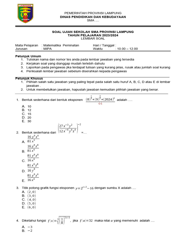 Matematika Peminatan ASAJ 2024 K13 Soal - SUPRIYADI S.pd. | PDF