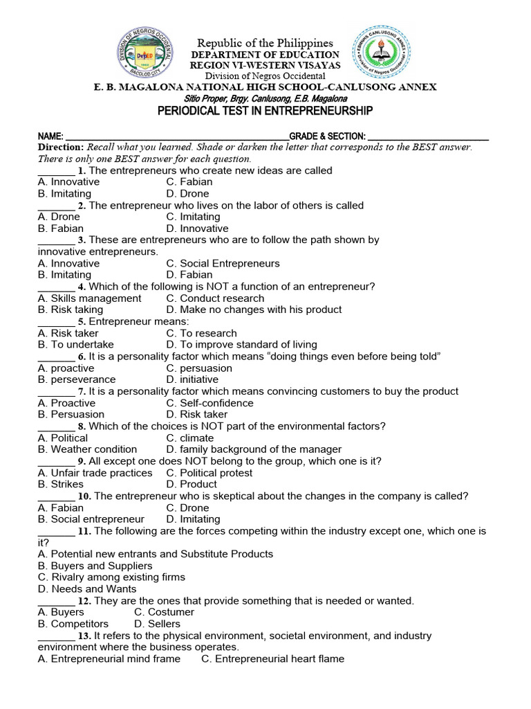 Entrepreneurship Periodical Test | PDF | Goods | Product (Business)
