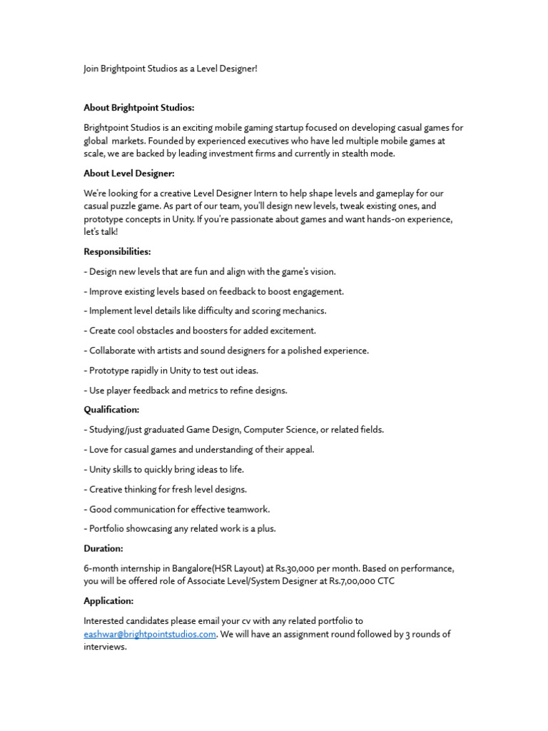 Level Design Internship at Brightpoint Studios | PDF