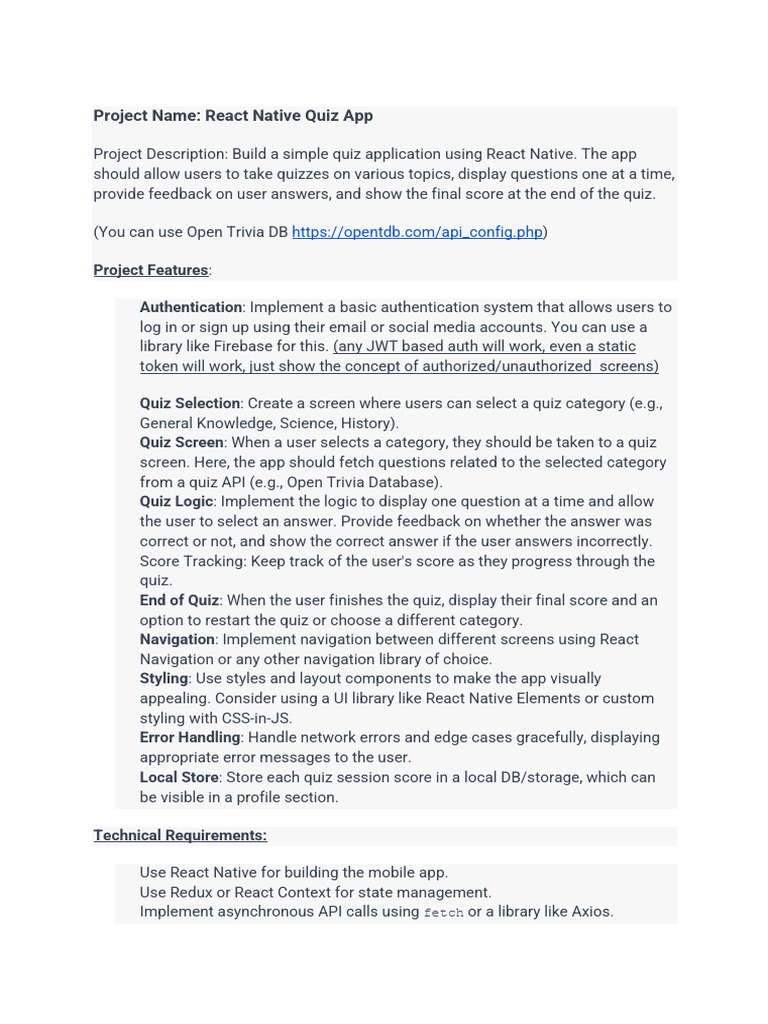 React Native Quiz App Pdf Mobile App Ios