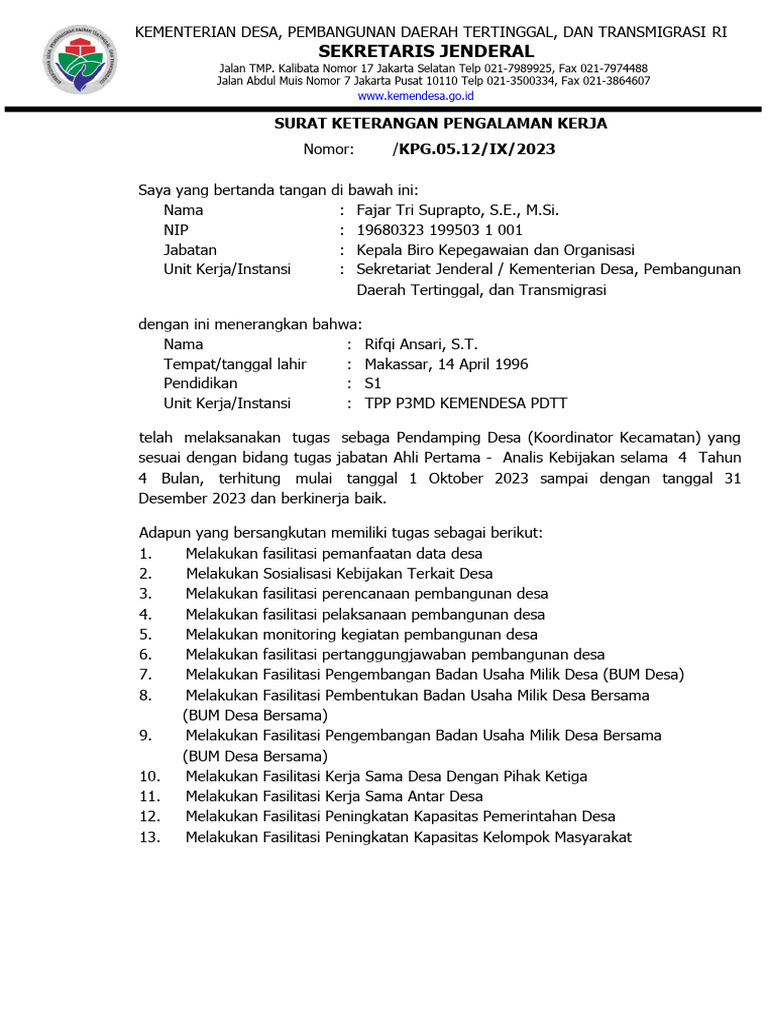 LAMPIRAN 5 - Surat Keterangan Pengalaman Kerja | PDF