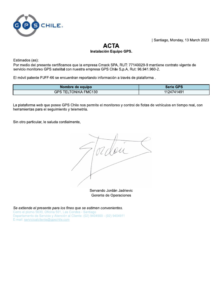 Certificado Instalacion GPS, PJFF-66 | PDF