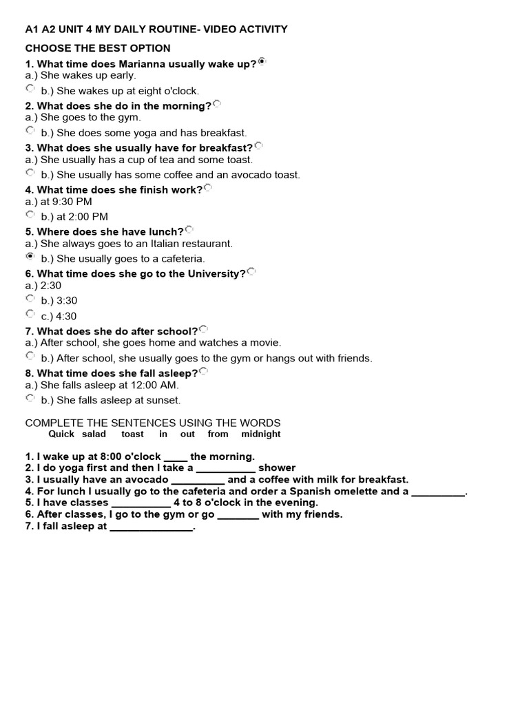 A1 A2 Unit 4 My Daily Routine Video Activity | PDF | Wellness