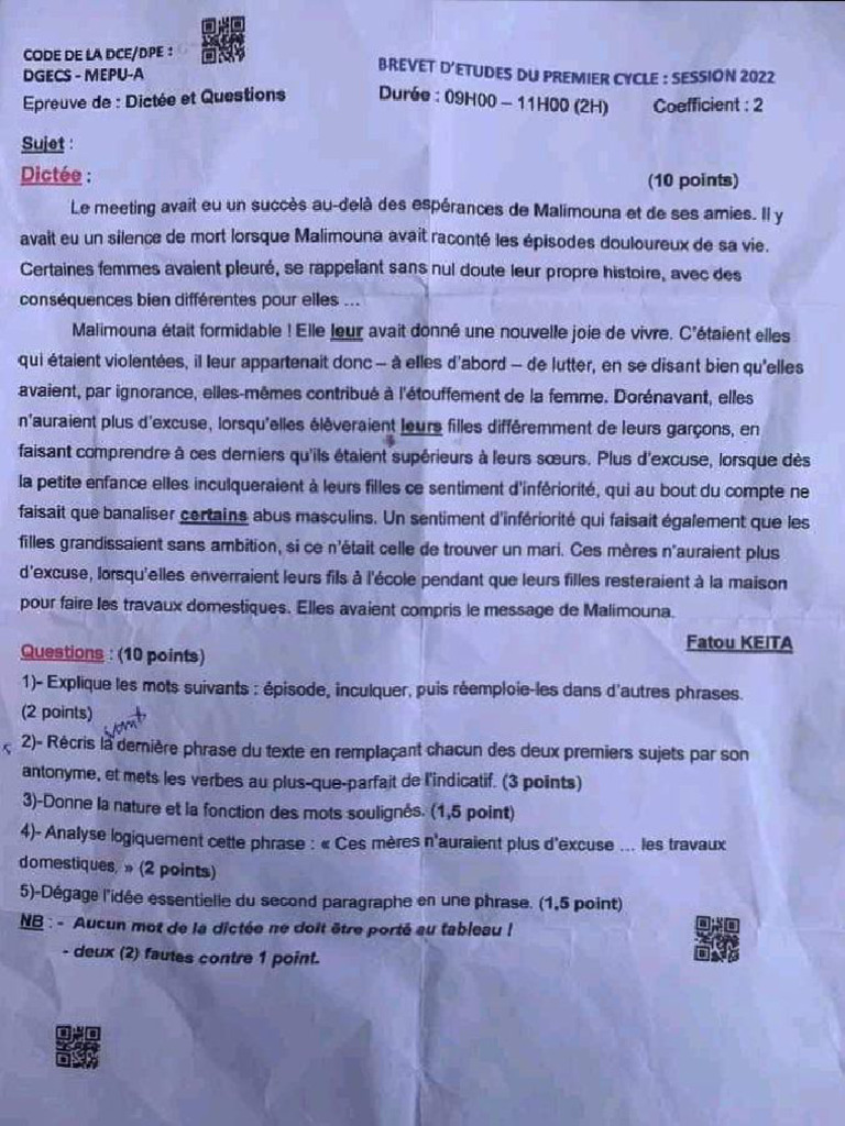 Sujet Bepc 2022 Dictée Et Questions Guinée | PDF