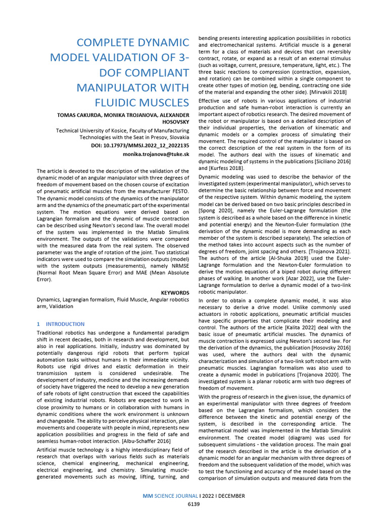 Mmscience 2022 12 Complete Dynamic Model Validation of 3 Dof Compliant Manipulator With Fluidic ...