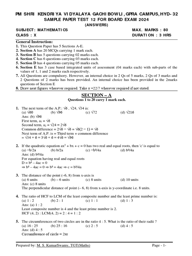 Maths Class X Sample Paper Test 12 For Board Exam 2024 Answers | PDF ...