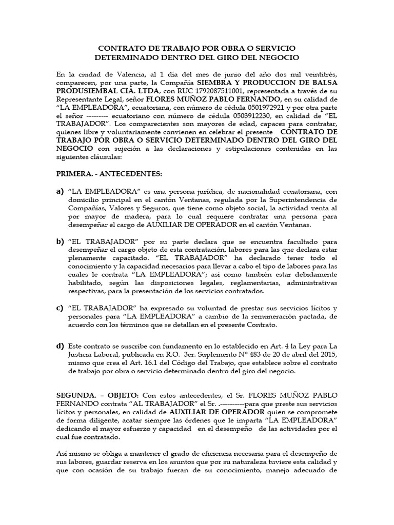 Contrato de Trabajo Por Obra o Servicio | PDF | Salario