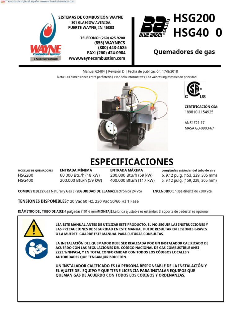 Manual Ficha Tecnica Quemador Wayne HSG 400 400.000 BTU - En.es | PDF ...