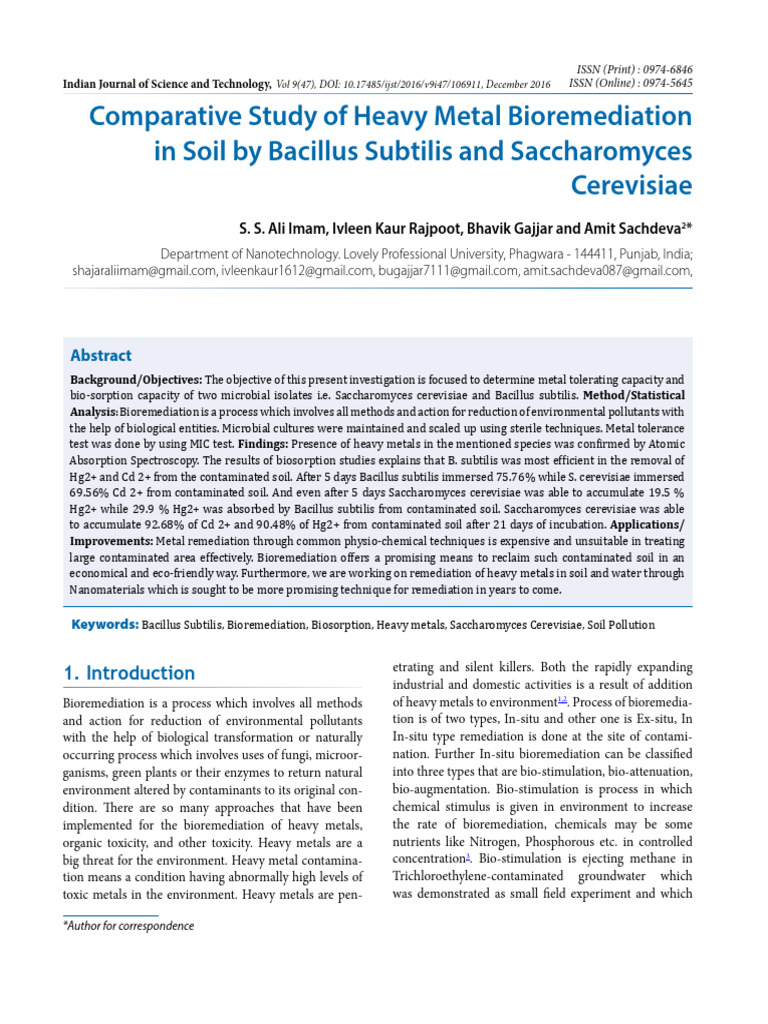 Comparative Study of Heavy Metal Bioremediation in Soil by Bacillus Subtilis and Saccharomyces ...