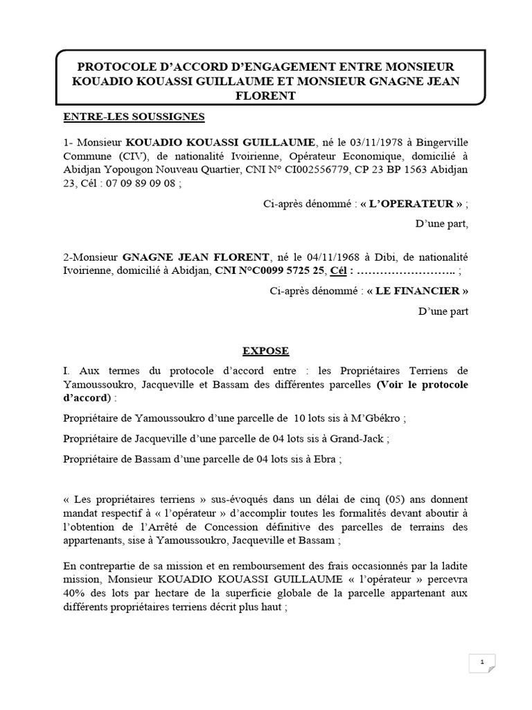 Protocole D'accord Kouadio Guillaume Ctre Gnagne Jean Florent | PDF