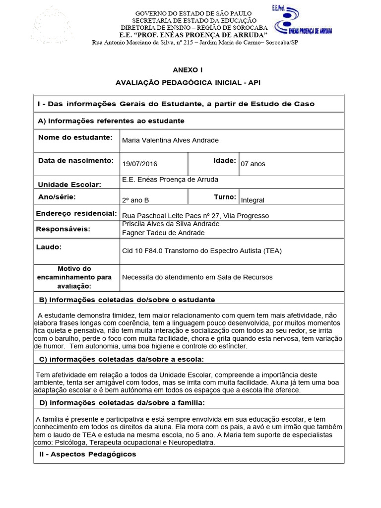 API - PAEE Maria Valentina 2B | PDF | Educação Especial | Pedagogia