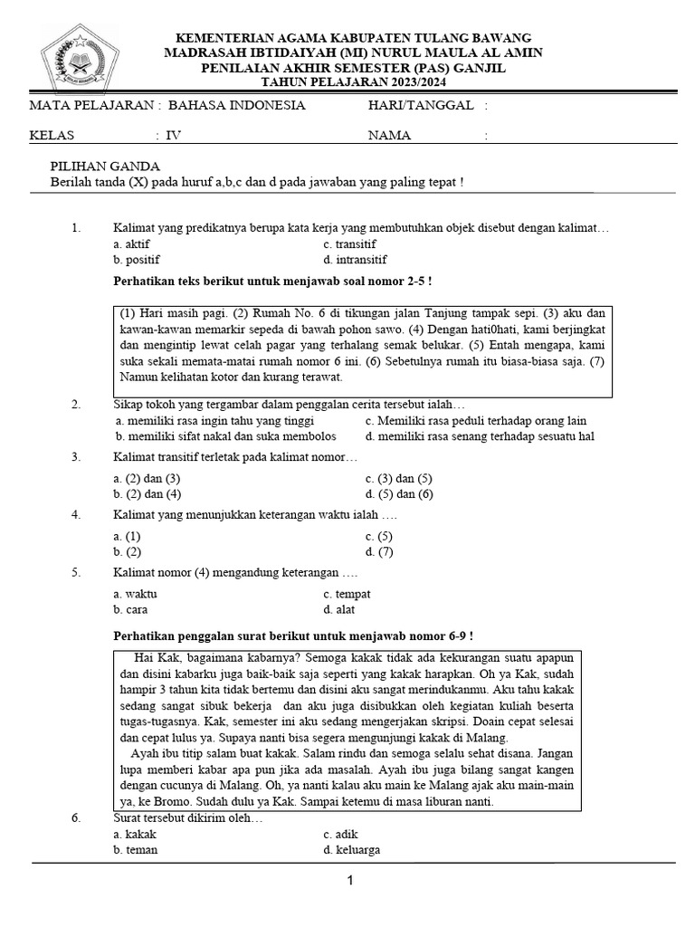UAS Kelas 4 B.INDO | PDF