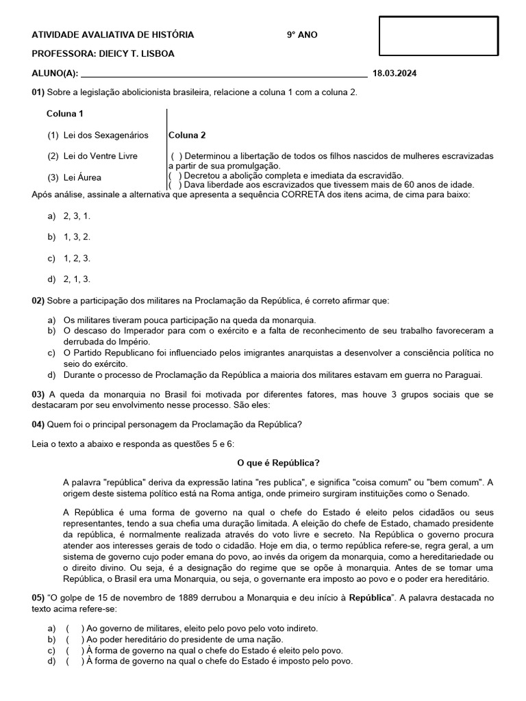 ATIVIDADE AVALIATIVA DE HISTÓRIA 9 Ano | PDF