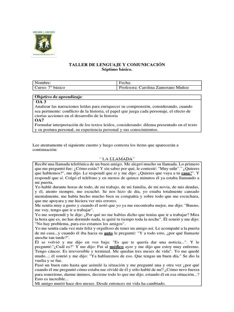 Guia de Comprension Lectora Septimo Basico (Taller) | PDF