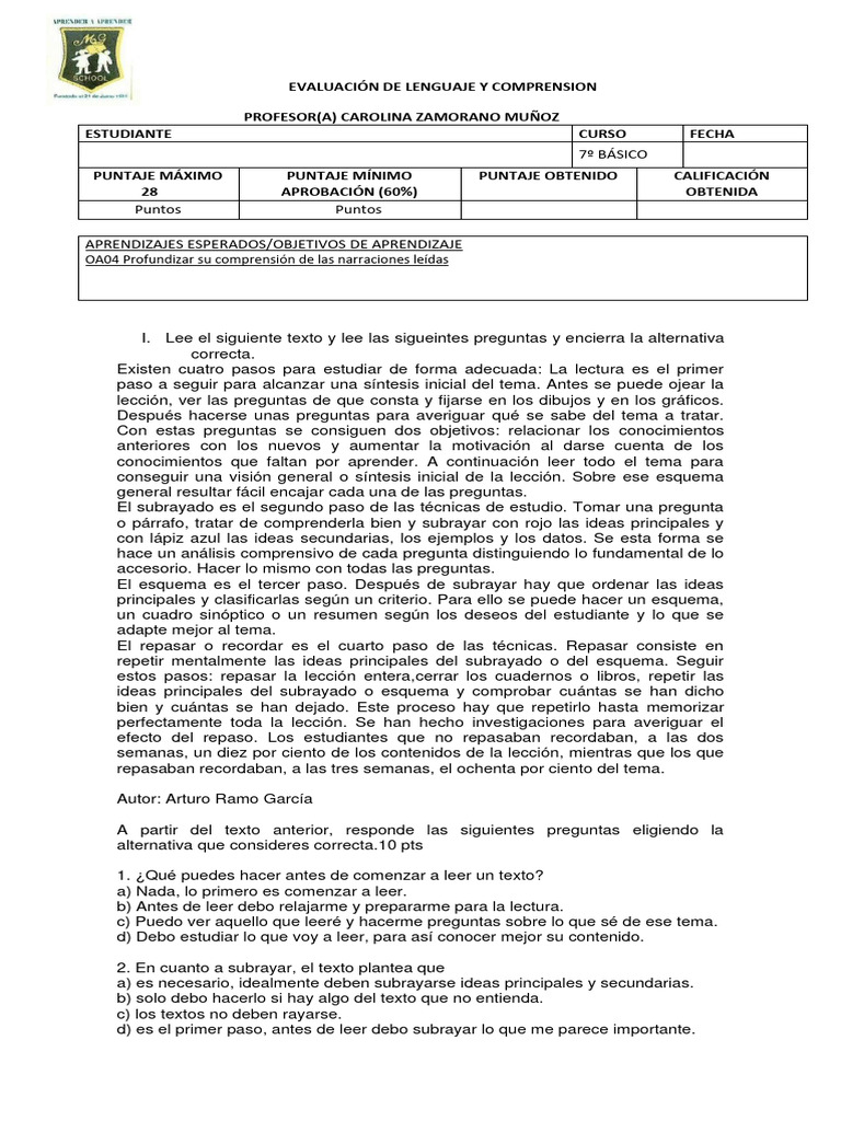 Evaluacion Comprension Lectora Unidad 0 Septimo Basico Basico | PDF | Aprendizaje | Ciencia ...