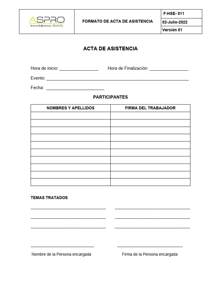 F.HSE.011 Formato de Acta de Asistencia | PDF