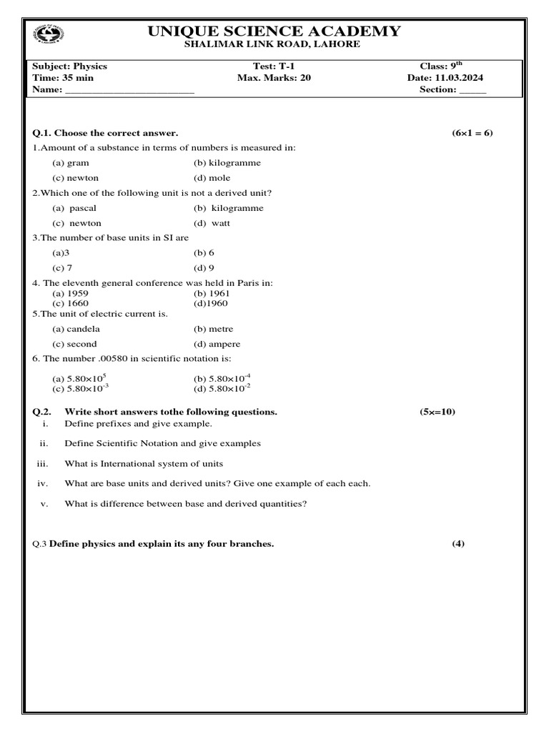 Physics T1 March 2024 | PDF | Science & Mathematics