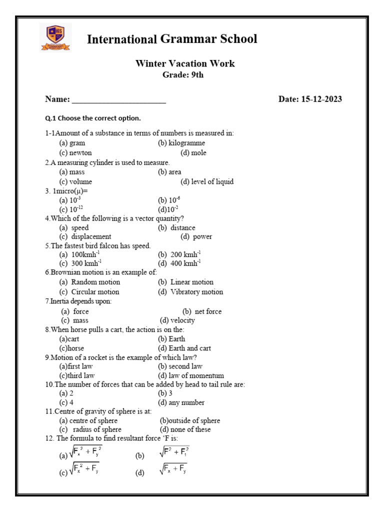 Physics Winter Vaction Work | PDF | Force | Velocity