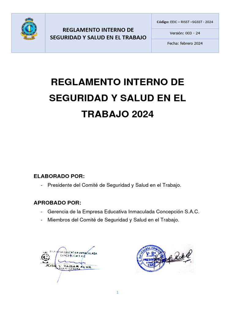 Reglamento Interno de Seguridad 2024 | PDF | Seguridad y salud ...