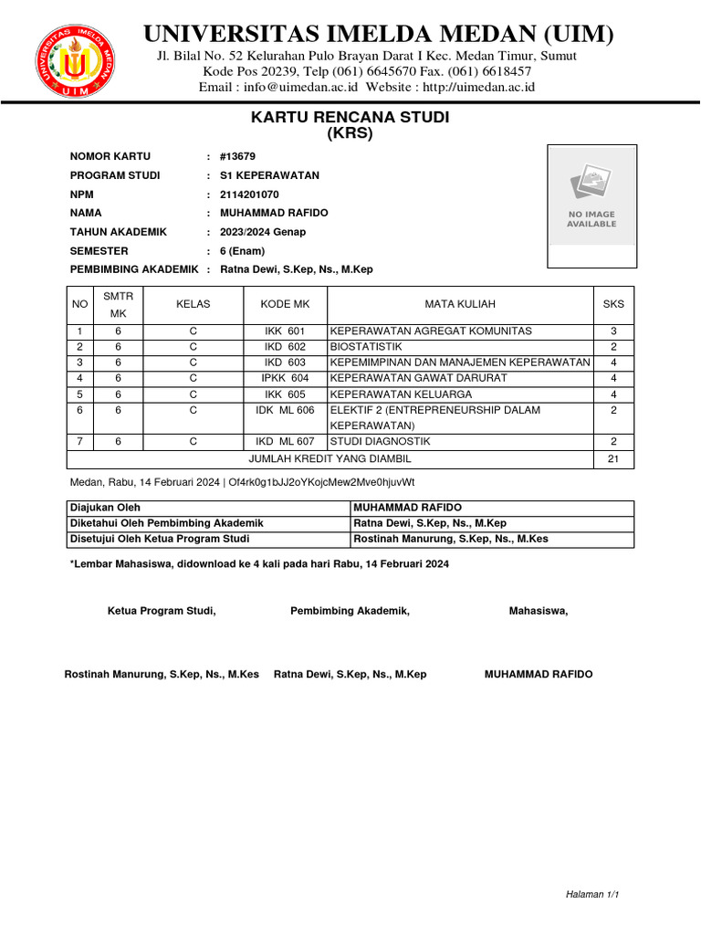 Universitas Imelda Medan (Uim) : Kartu Rencana Studi (KRS) | PDF