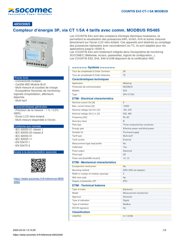 Compteur D'énergie 3P, Via CT 1/5A 4 Tarifs Avec Comm. MODBUS RS485 | PDF