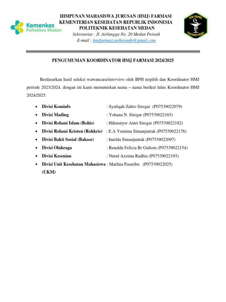 Koordinator HMJ Farmasi Periode 2024-2025 | PDF