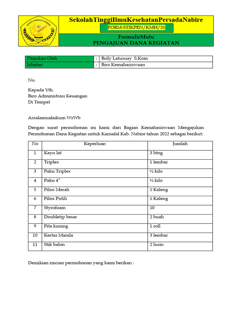 31. FORM PENGAJUAN DANA KEGIATAN | PDF