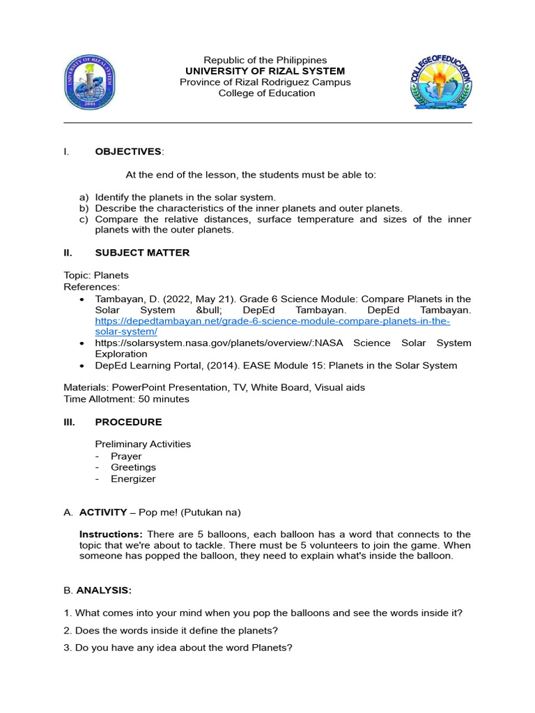 Math 3 Demo Lesson Plan GEMDAS | PDF | Solar System | Planets