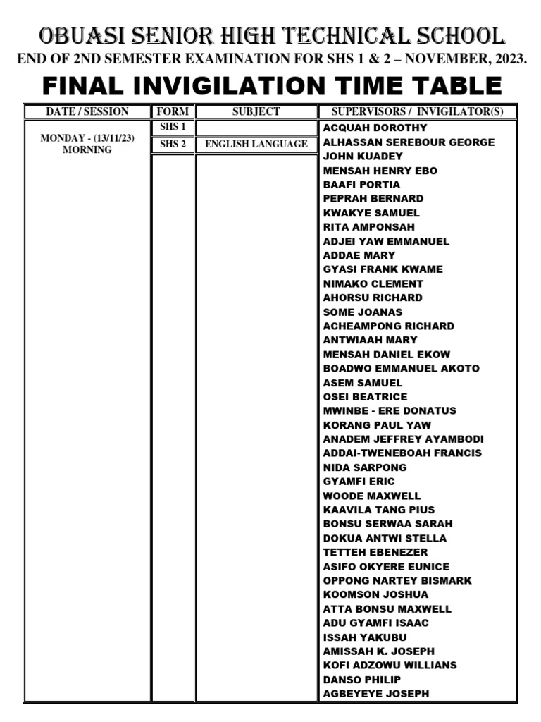 Final Invigilation Time Table: Obuasi Senior High Technical School | PDF
