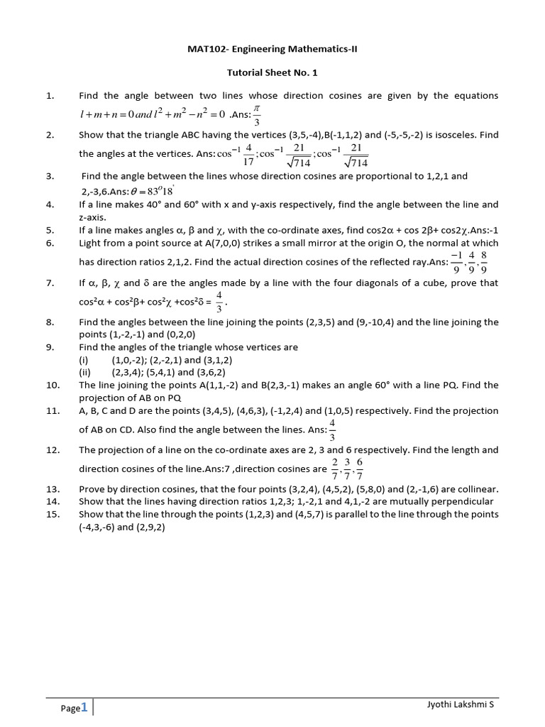 Tutorial Sheet No1 3d-Geometry | PDF | Triangle | Classical Geometry