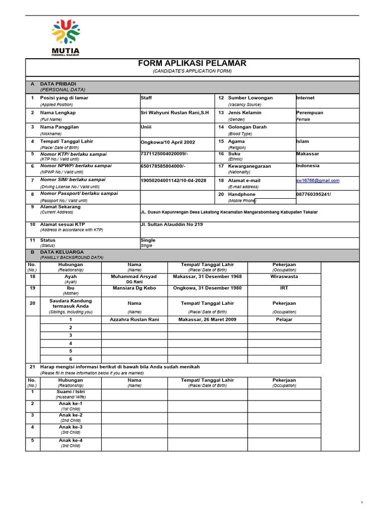 Form CV Mutia Feedmill Makmur UP | PDF