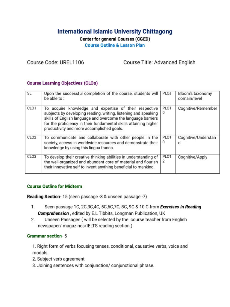 Advanced English Course Outline & Plan | PDF | English Language | Verb