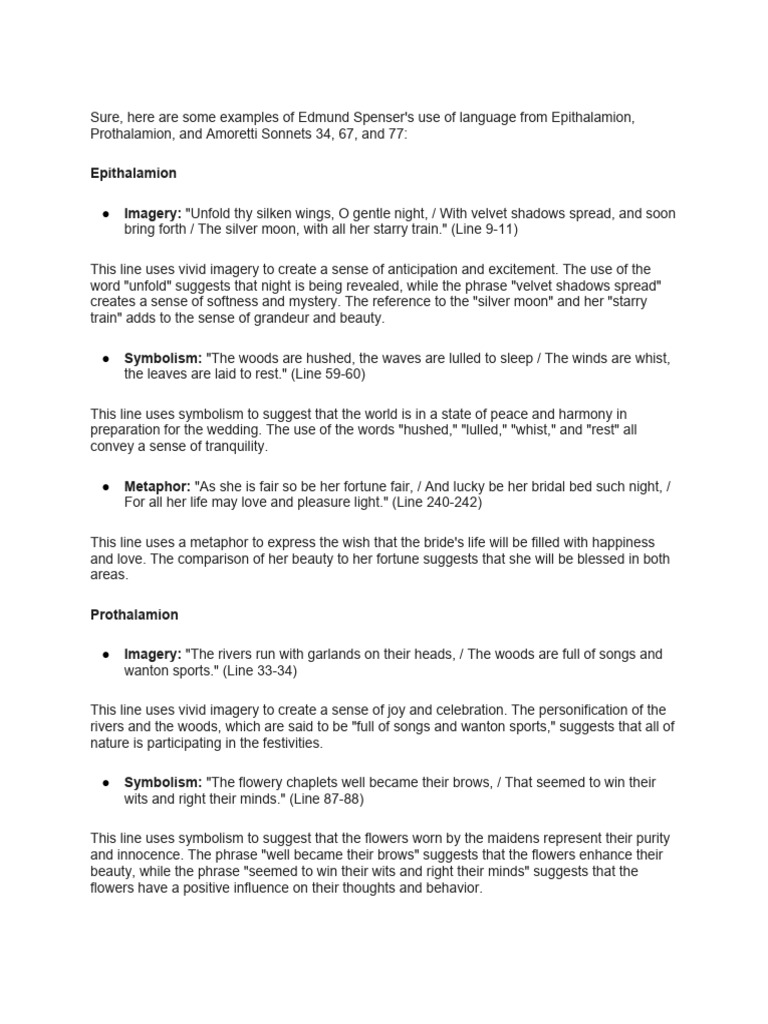 Give Examples From Epithalamion and Prothalamion, Ammoretti Sonnets 34 ...