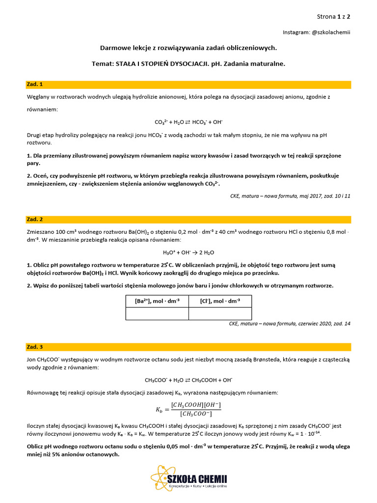 Lekcja 10 - Stała I Stopień Dysocjacji, Ph. Zadania Maturalne - Szkoła Chemii | PDF
