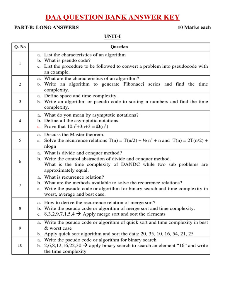 DAA ALL 4 UNITS QUESTION BANK ANSWER KEY | PDF | Dynamic Programming | Time Complexity