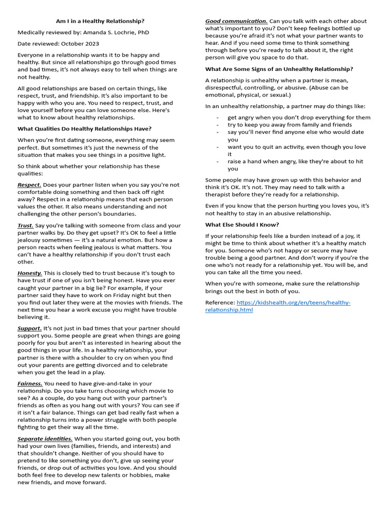 Reading Article - What Is Healthy Relationship | PDF | Jealousy ...