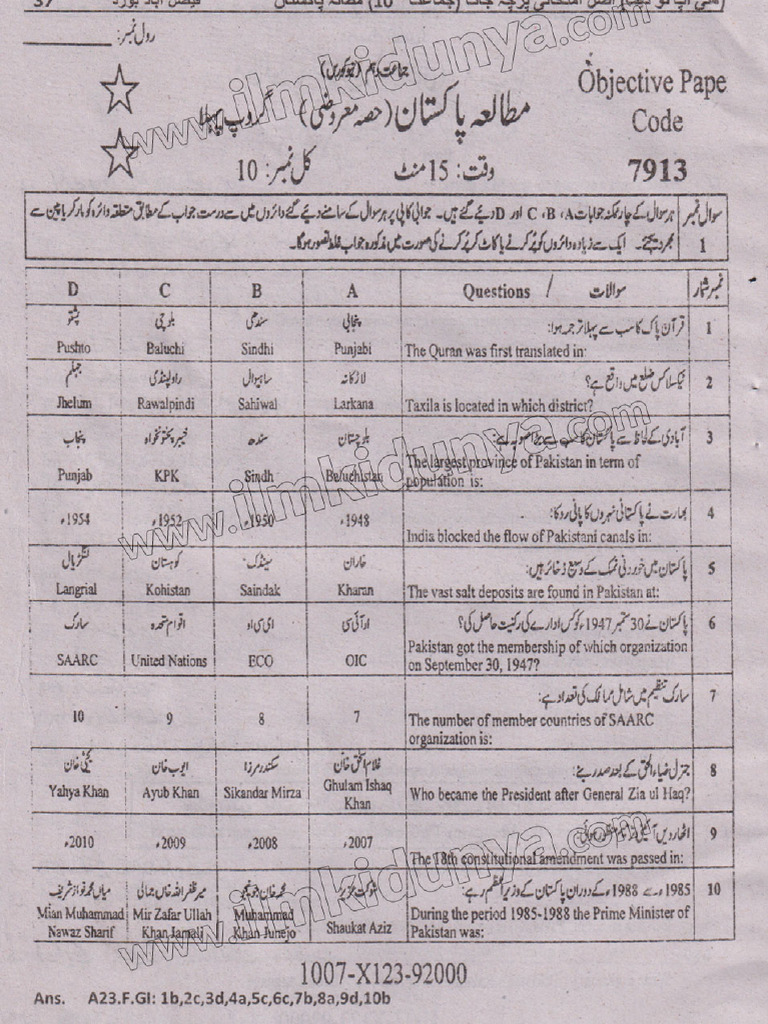 Past Paper 2023 Faisalabad Board Class 10th Pak Studies Group I Objective | PDF