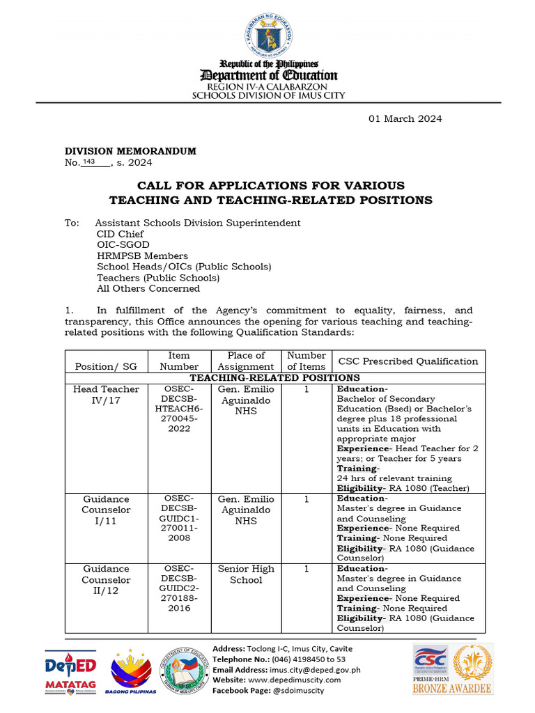 Call For Applications For Various Teaching and Teaching-Related Positions | PDF