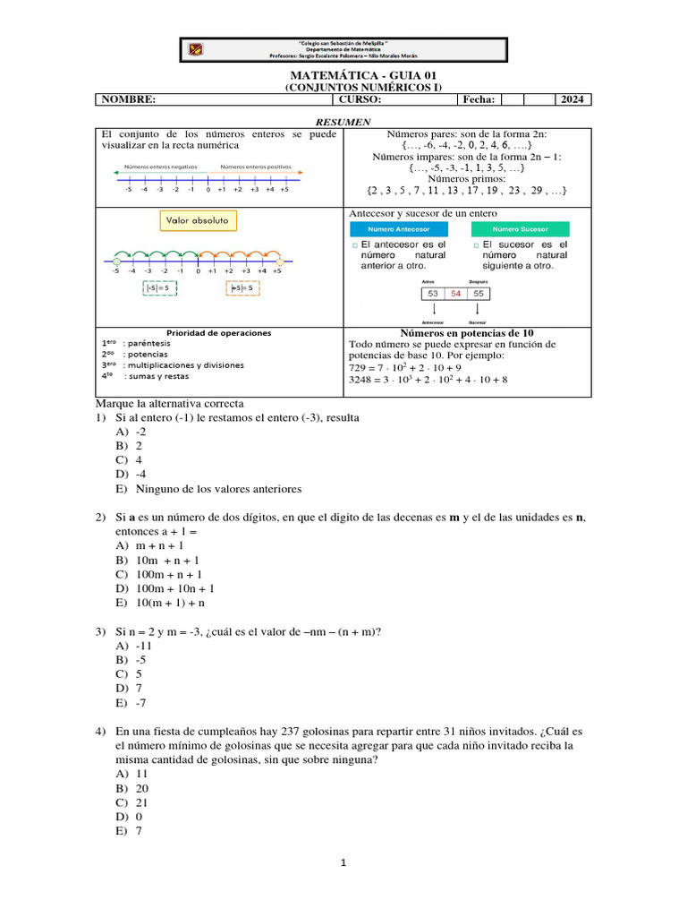 GUIA 01 - Cuarto Medio Común - Numeros Enteros | PDF | Matemáticas