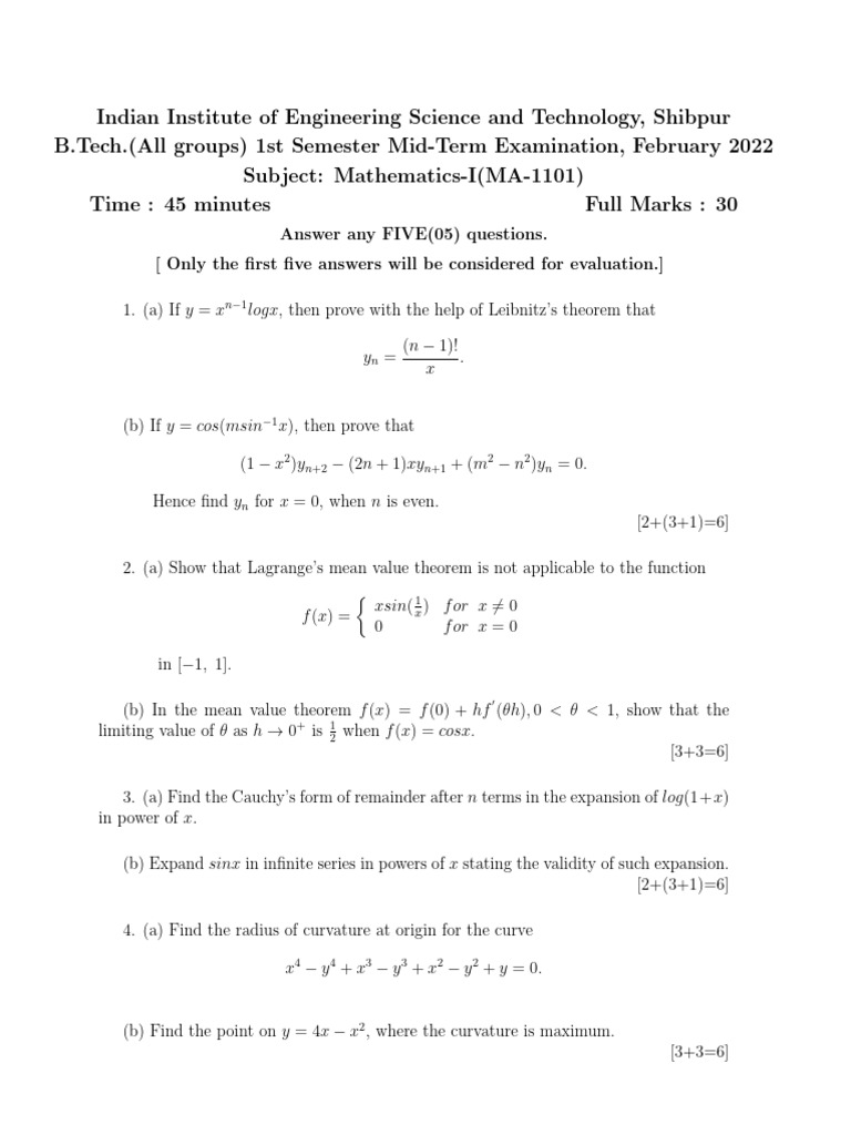 Math MA1101 1st Sem Midsem | PDF | Mathematical Concepts | Mathematical Objects