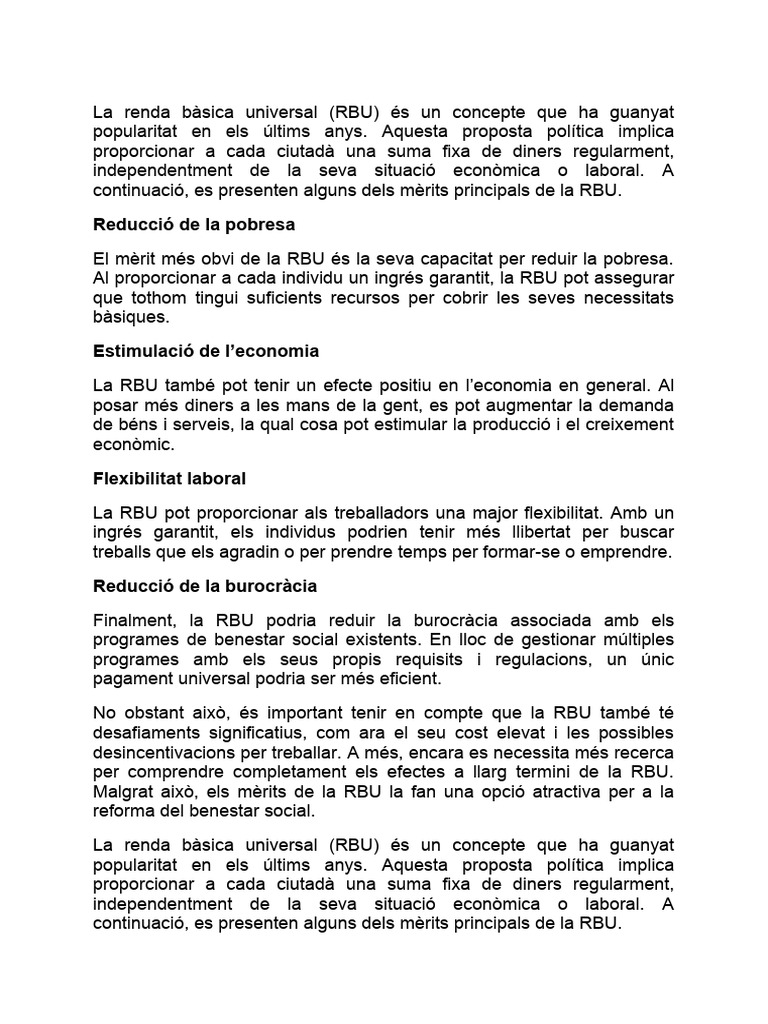 La renda bàsica universal (RBU) | PDF