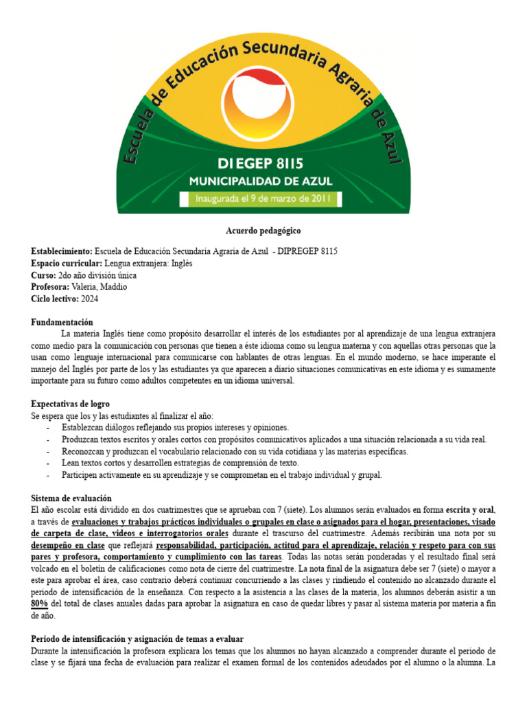 Acuerdo Pedagogico 2do 2024 Ingl-S MaddioV | PDF | Maestros | Aprendizaje