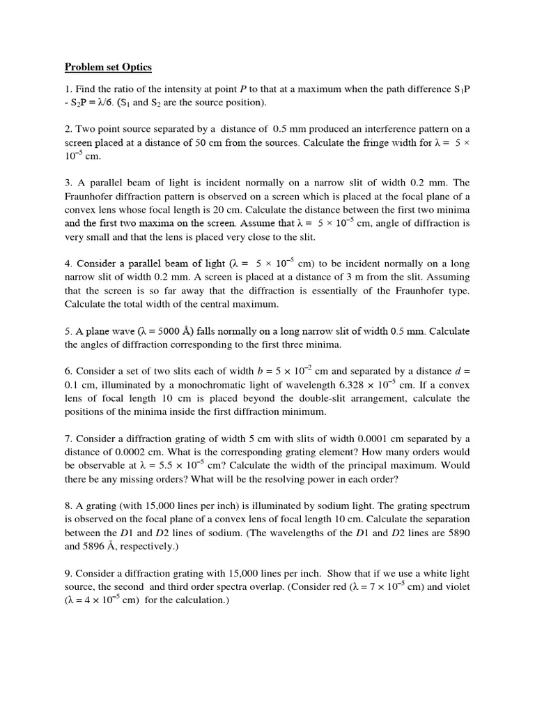 Optics Problem Sheet | PDF